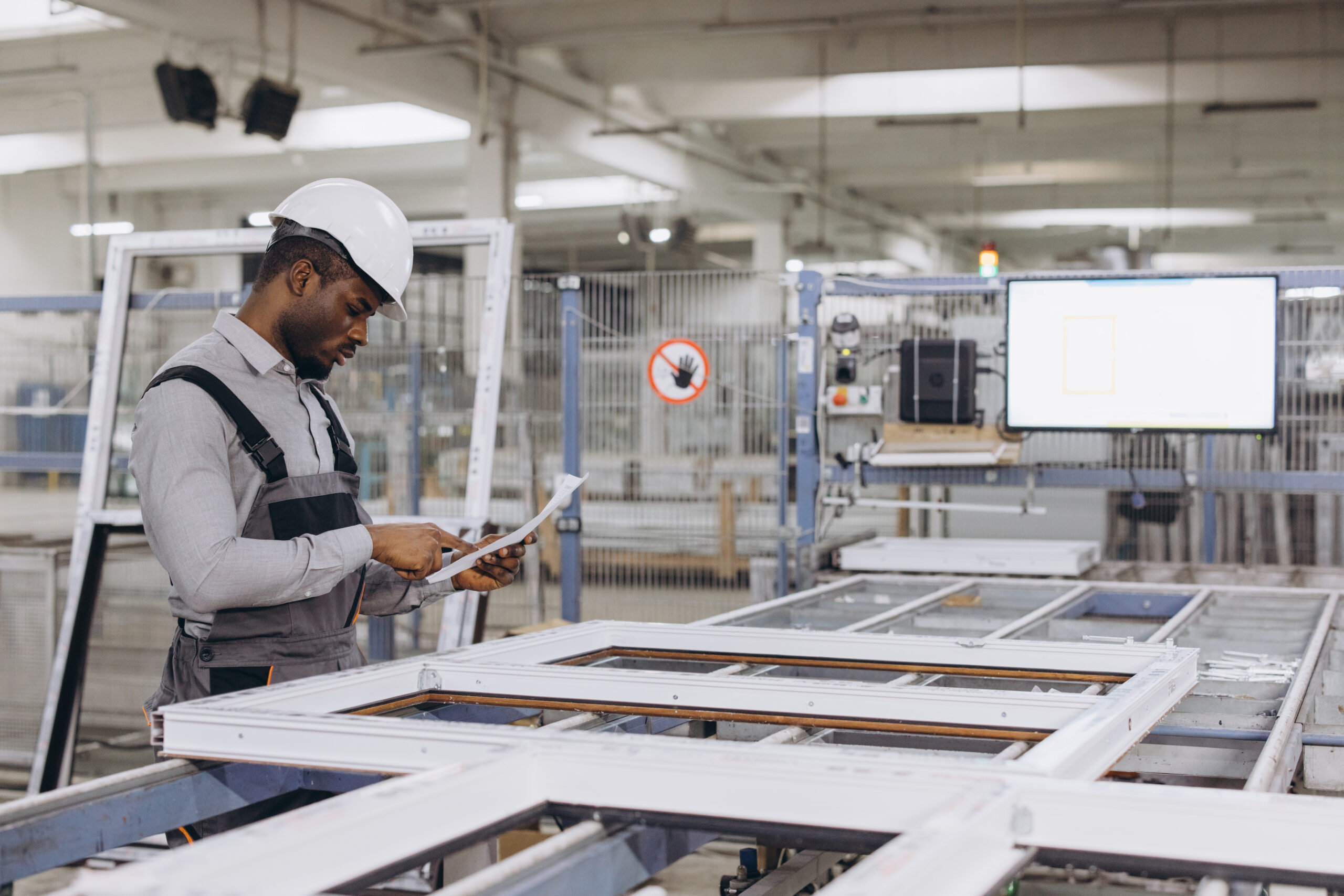Engineer inspecting PVC window frame in factory – CENSolutions Limited